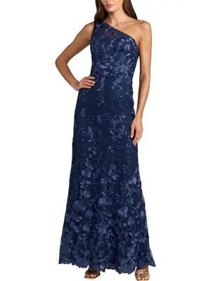 Mac Duggal Lace Embroidered One-shoulder Gown - Midnight Multi
