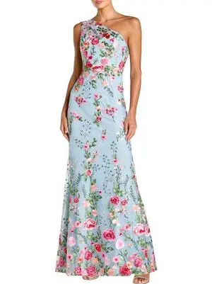 Mac Duggal Lace Embroidered One-shoulder Gown - Powder Blue Multi