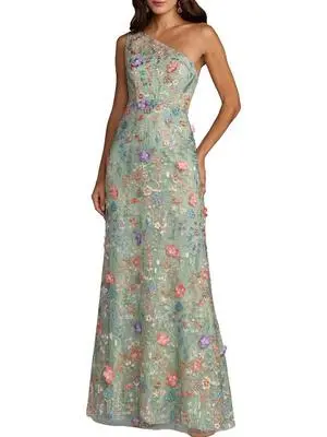 Mac Duggal Lace Embroidered One-shoulder Gown - Sage Multi