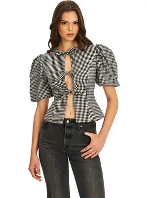 MISS CIRCLE Qusayla Gingham Bow-tie Puff Sleeve Top - Black
