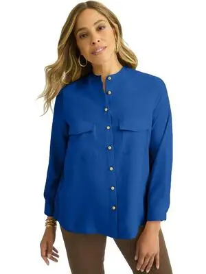 JESSICA LONDON Button-front Chest Pocket Blouse - Dark Sapphire