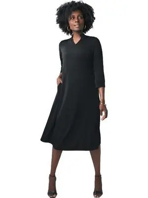 JESSICA LONDON Jessica London V-Neck Midi Dress With Pleats And Pockets Black