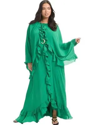 JUNE + VIE Ruffled Chiffon Cape Maxi Dress - Pine Green