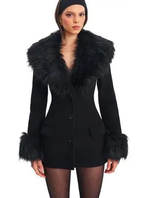 MISS CIRCLE Hailee Wool Blend Mini Coat With Removable Fur Lapel - Black