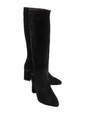 FOREVER & ALWAYS SHOES Sejas Leather Block Heel Knee-high Boots - Black Suede Leather