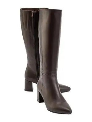 FOREVER & ALWAYS SHOES Sejas Leather Block Heel Knee-High Boots Brown Leather