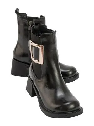 PROLOGUE SHOES Moriah Buckle Block Heel Boot - Black Faux Leather