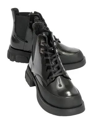 PROLOGUE SHOES Challo Combat Boot - Black Patent Faux Leather