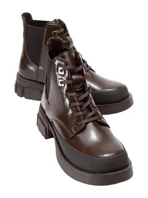PROLOGUE SHOES Challo Combat Boot - Brown Patent Faux Leather