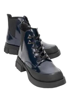 PROLOGUE SHOES Challo Combat Boot - Navy Patent Faux Leather