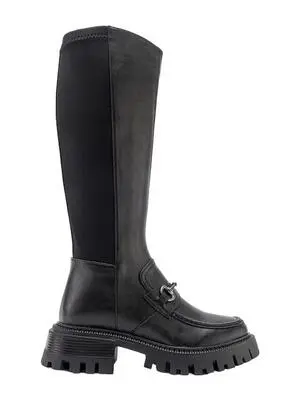 PROLOGUE SHOES Chapel Buckle Stretch Boots - Black Stretch Faux Leather
