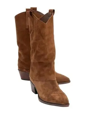 FOREVER & ALWAYS SHOES Teodora Leather Block Heel Boot - Cognac Suede Leather