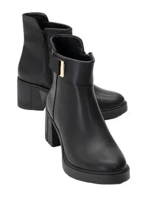 PROLOGUE SHOES Rashe Block Heel Zip Boot - Black Faux Leather