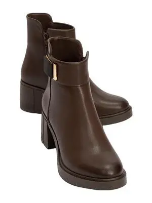 PROLOGUE SHOES Rashe Block Heel Zip Boot - Brown Faux Leather