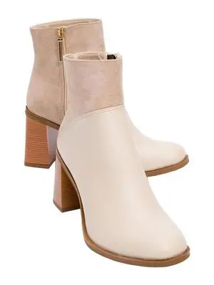 PROLOGUE SHOES Ropa Block Heel Zip Boot Beige Faux Leather