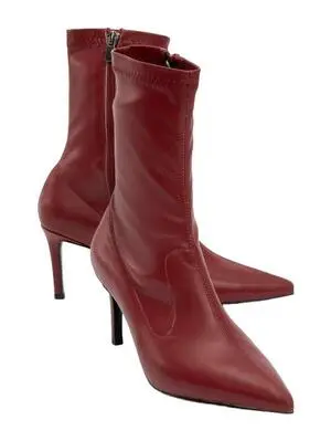 PROLOGUE SHOES Thalin Zip Stiletto Boots Burgundy Velvet Faux Leather