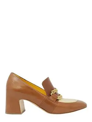 MADISON MAISON Mid Heel Loafer With Chain - Tan/creme