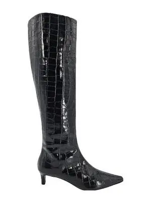 MADISON MAISON Tall Moc Croc Pointy Toe Kitten Heel Boots - Black