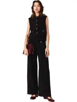 Maje Wide-leg Tweed Trousers With Velvet Stripes - Black