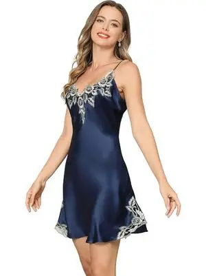 SILKSILKY Pure Silk Spaghetti Strap Mini Nightgown - Dark Blue