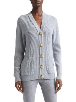 Balmain Button Detail Rib Cashmere & Virgin Wool Cardigan - Heather