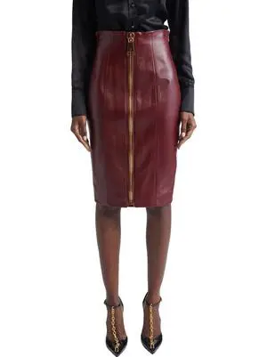 Balmain Zipped High-waist Lambskin Leather Pencil Skirt - Burgundy