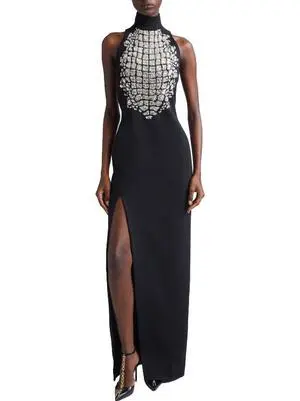 Balmain Beaded Embellished Slit Gown - Black/crystal