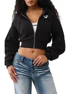 True Religion Ruched Sleeve Logo Zip Hoodie - Jet Black