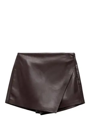 Mango Faux Leather Wrap Skort - Chocolate
