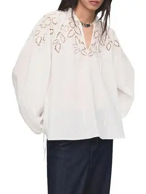 Mango Embroidered Eyelet Tie Cuff Long Sleeve Top - Ecru