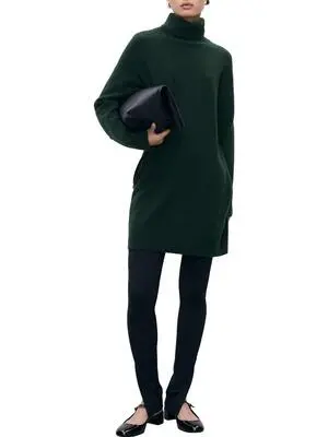 Mango Long Sleeve Turtleneck Sweater Dress Dark Green
