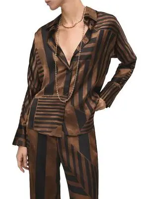 Mango Stripe Satin Button-up Shirt - Brown