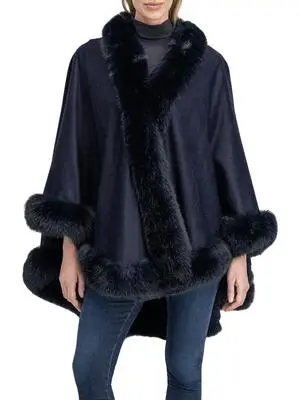 LYLA GRANT Cashmere And Wool Blend Cape With Faux Fur Trim - Navy