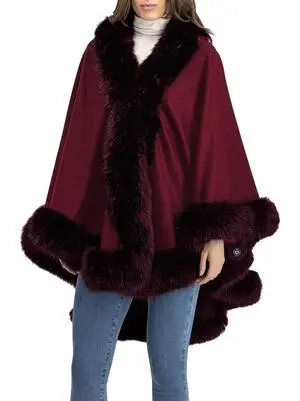 LYLA GRANT Cashmere And Wool Blend Cape With Faux Fur Trim - Wine