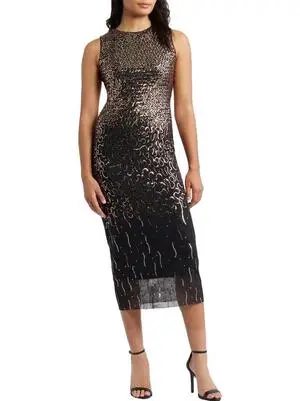 Anne Klein Sequin Sheath Midi Dress - Anne Black/rose Gold