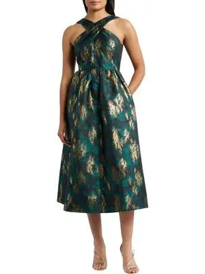 Anne Klein Metallic Brocade Fit-and-flare Dress - Midnight Pine Multi