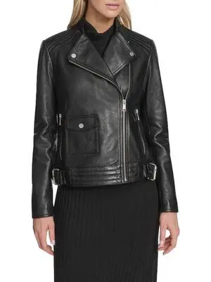 Andrew Marc Frankie Leather Moto Jacket Black