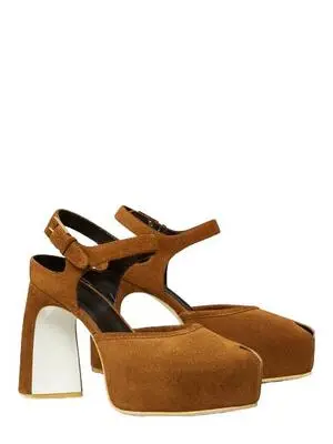Tory Burch Ankle Strap Peep Toe Platform Pumps - Cognac Brown