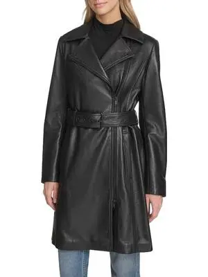 Andrew Marc Jacqui Leather Trench Coat - Black