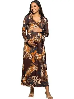24SEVEN COMFORT APPAREL Paisley Empire Waist Maxi Dress - Brown Multi