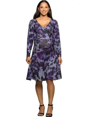 24SEVEN COMFORT APPAREL Printed Long Sleeve Wrap Dress With Belt - Purple Multi