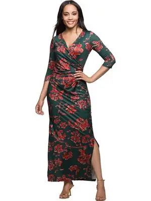 24SEVEN COMFORT APPAREL Floral Print Three Quarter Sleeve Side Slit Maxi Dress - Orange Multi