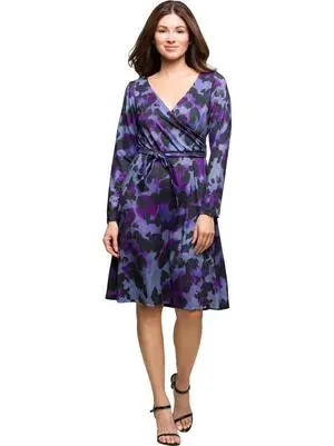 24SEVEN COMFORT APPAREL Long Sleeve Belted Wrap Dress - Purple Multi