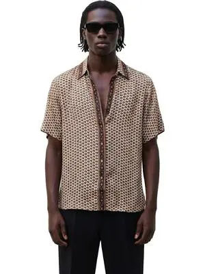 MONZLAPUR Embossed Botanical Short Sleeve Crepe Shirt - Copper