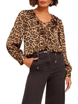 FRIENDS LIKE THESE Leopard Print Ruffle Lace-up Top - Neutral