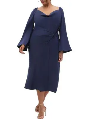 City Chic Adelina Long Sleeve Satin Midi Dress - Navy