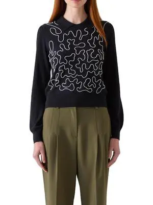 LK BENNETT Judy Embellished Collared Sweater - Black Cream