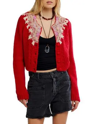 Free People Pixie Beaded Floral Cardigan - Red