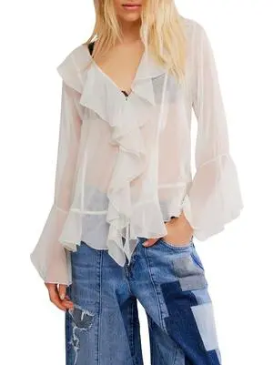Free People Tulula Ruffle Chiffon Top Clean Ivory Combo