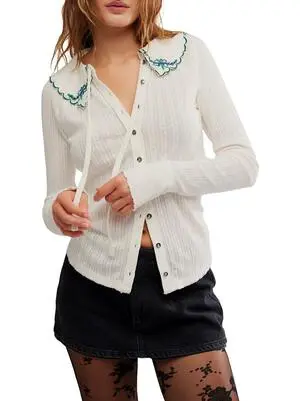 Free People Juniper Embroidered Pointelle Cotton Button-up Top - Ivory